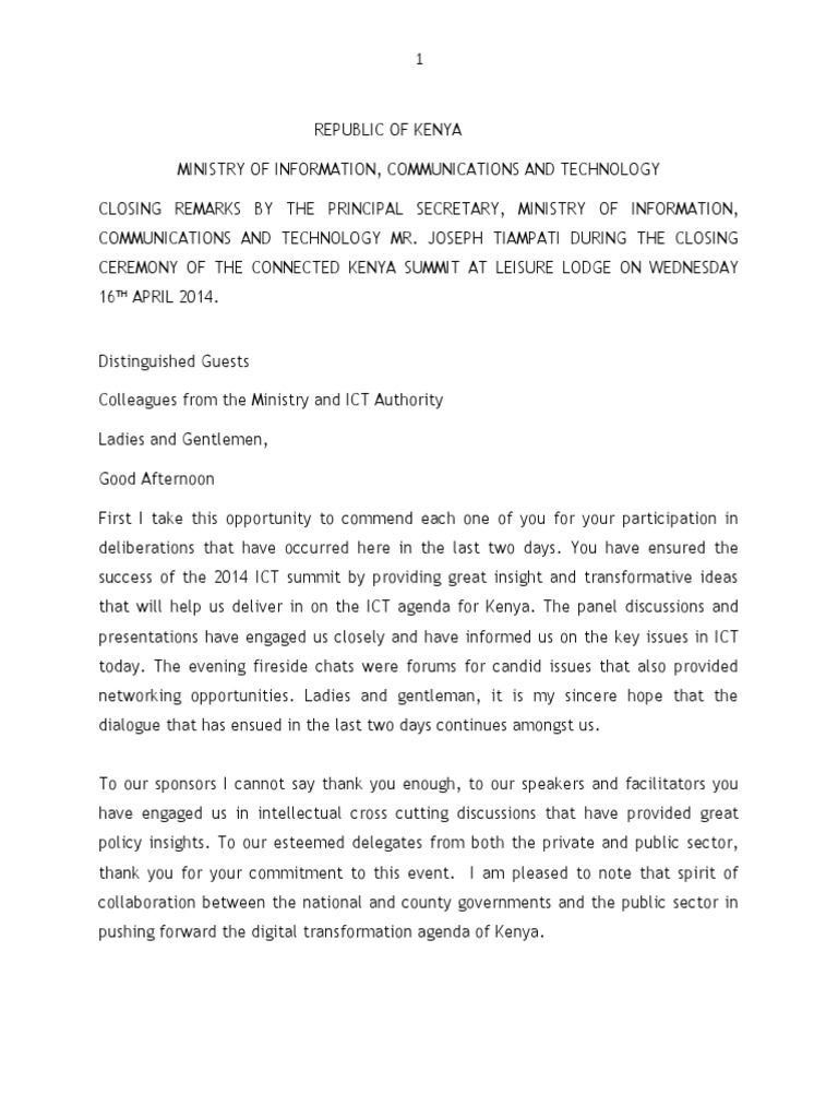 Closing Remarks by The Principal Secretary, Ministry of Information ...