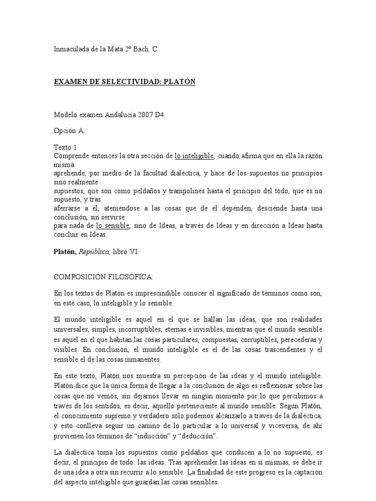 Examen De Selectividad Platón Pdf Platón Dialéctico
