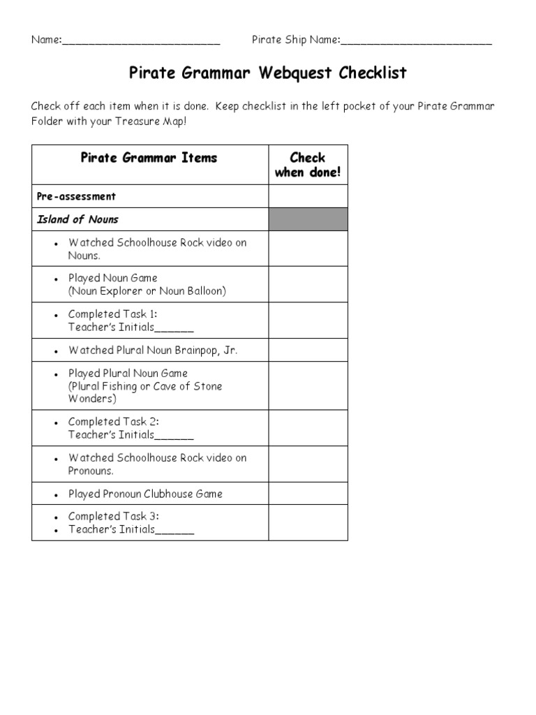 Pirate Grammar Webquest Checklist | PDF