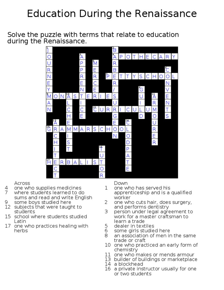 Education During The Renaissance Crossword Puzzle Answer Key | PDF ...