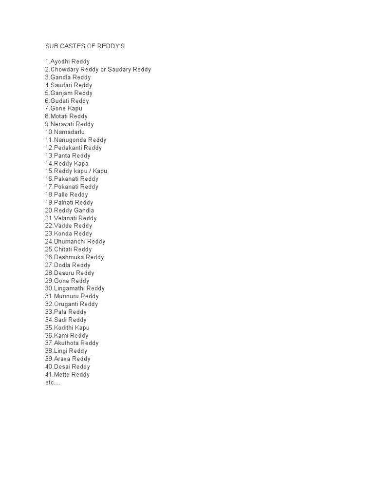 Sub Castes of Reddy | PDF