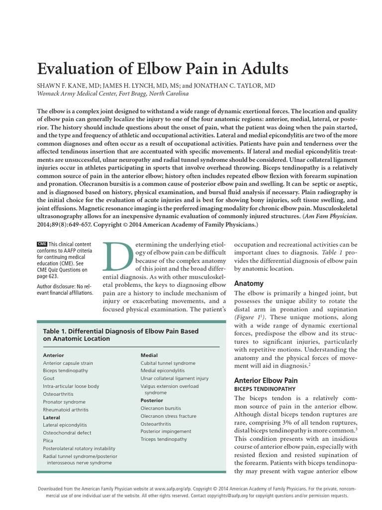 Evaluation of Elbow Pain in Adults | PDF | Elbow | Anatomical Terms Of ...