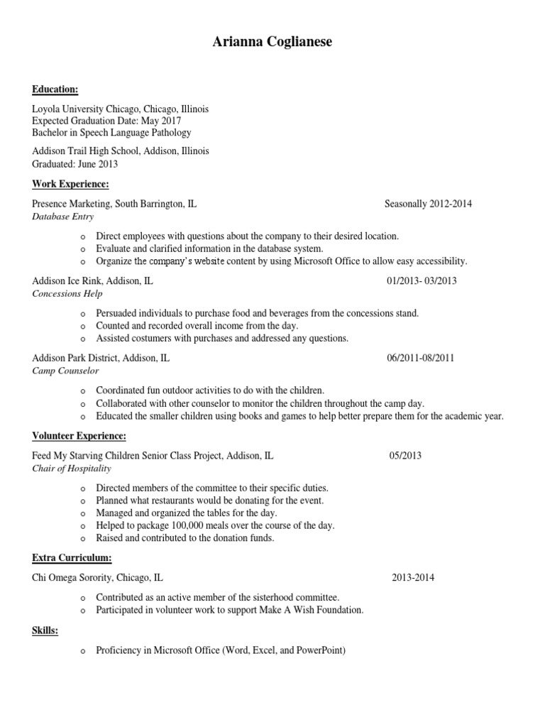 Arianna Coglianese's Resume Summary | PDF