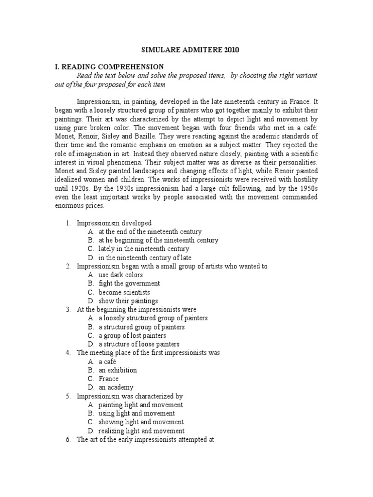 Simulare Admitere 2010 | Download Free PDF | Impressionism | Pierre Auguste Renoir