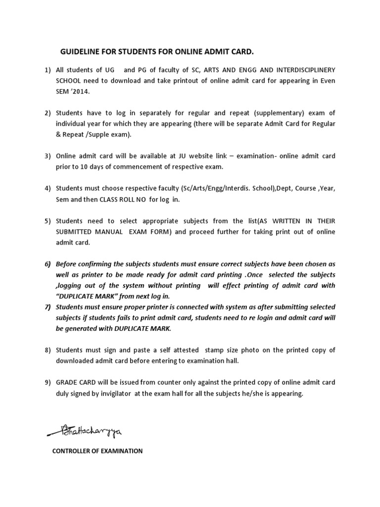 Online Admit Card Guidelines for Students | PDF