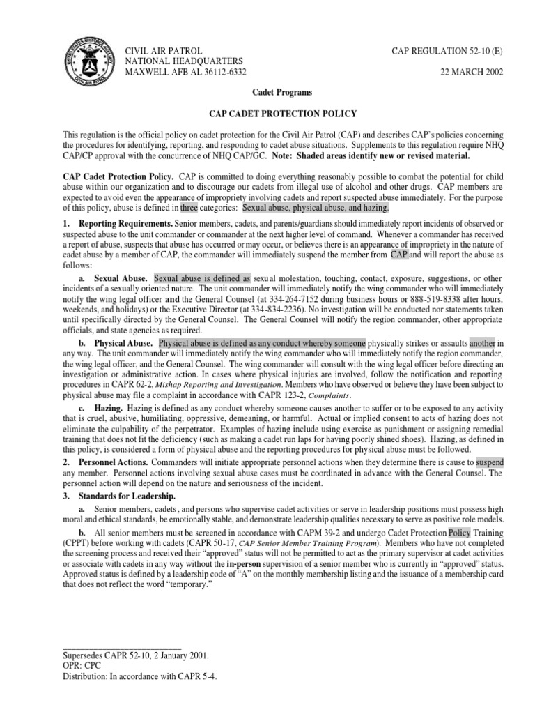 CAP Regulation 52-10 - 03/22/2002 | PDF | Civil Air Patrol | Flight ...