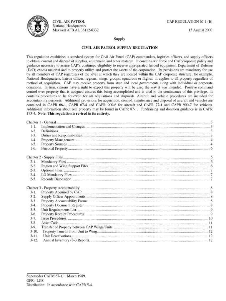 CAP Regulation 67-1 - 08/15/2000 | PDF | Civil Air Patrol | Armed Conflict