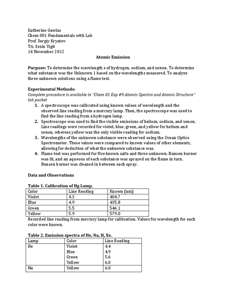 Chem Lab Atomic Emission | PDF | Incandescent Light Bulb | Emission ...