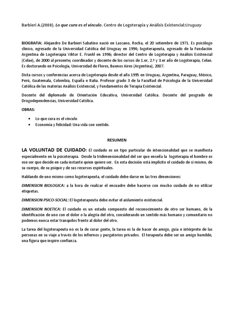 Recension Lo Que Cura Es El Vinculo | PDF | Sufrimiento | Psicoterapia