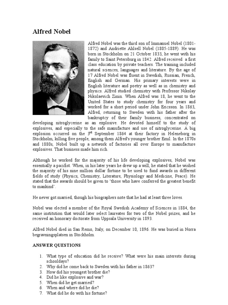 Alfred Nobel | PDF | Nobel Family
