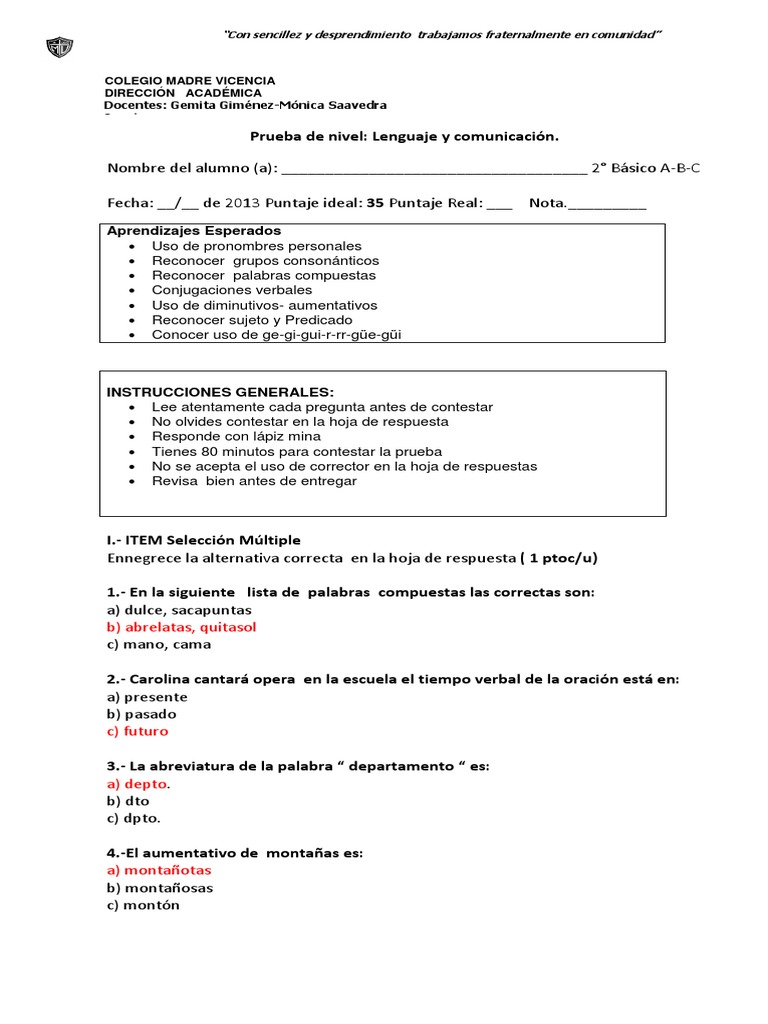 Prueba de Lenguaje 2° Básico | PDF | Predicado (Gramática) | Verbo