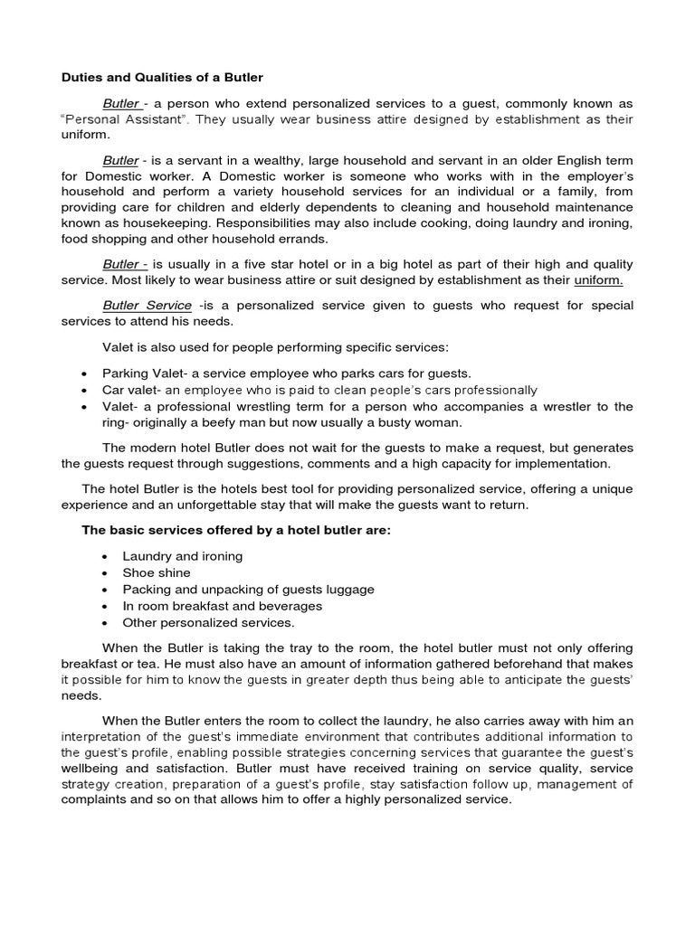 Butler Duties and Responsibilities in Hotels | PDF | Bed | Domestic Worker