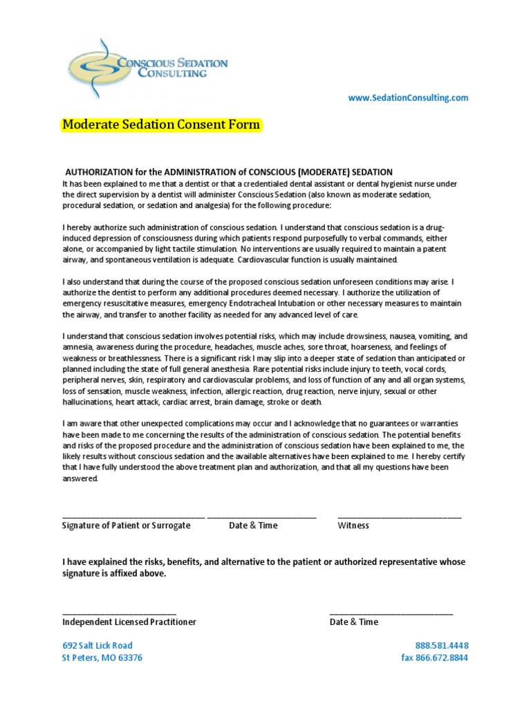 Moderate Sedation Consent Form: Authorization For The Administration of ...