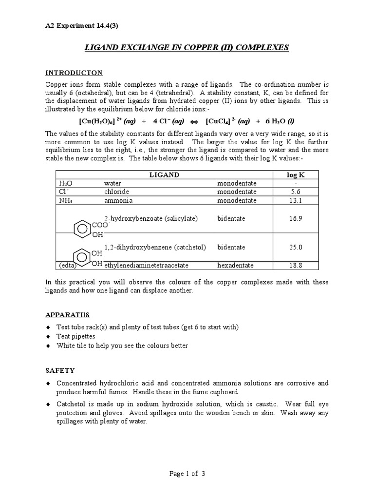 Copper(II) Complexes: Ligand Exchange Experiment | PDF | Coordination ...