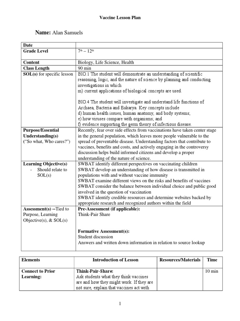 Vaccine Lesson Plan | PDF | Lesson Plan | Vaccines