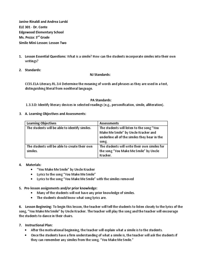 Simile Lesson Plan | PDF | Lesson Plan | Education Theory