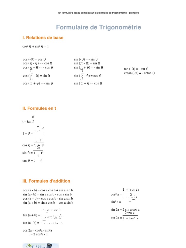 Formulaire Complet de Trigonométrie | PDF | Méthodes et références ...
