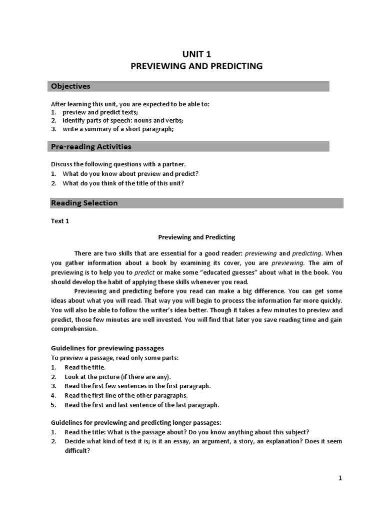 Unit 1 Previewing and Predicting | PDF | Verb | Noun