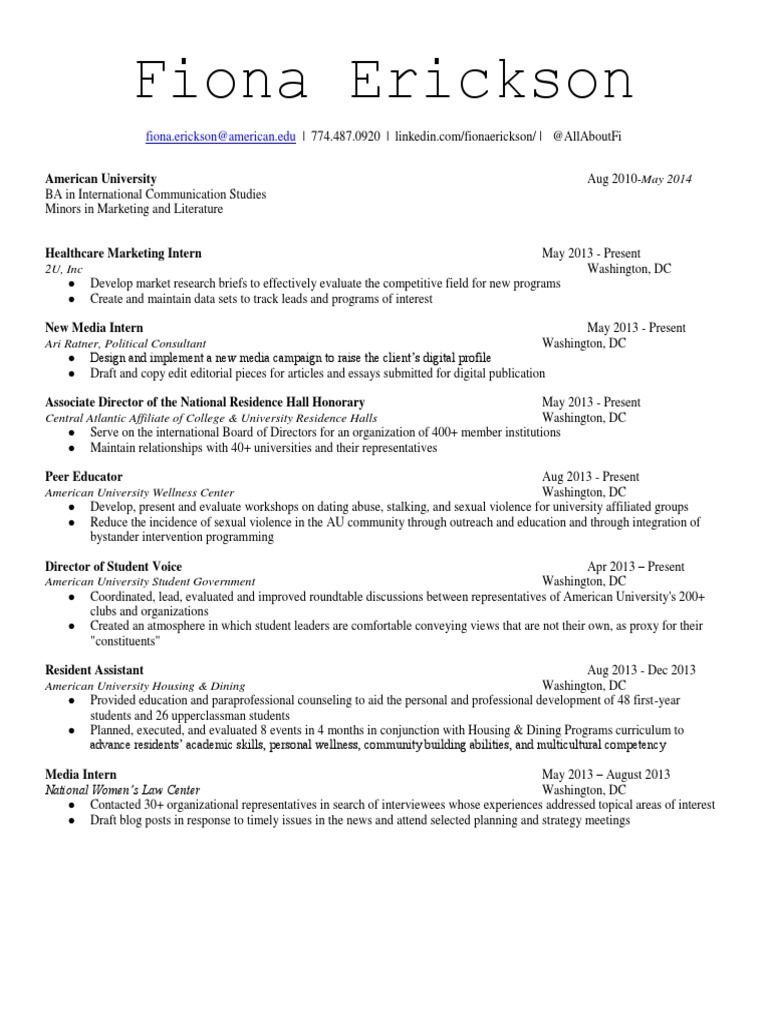 Fiona Erickson's Resume | PDF | American University | Washington