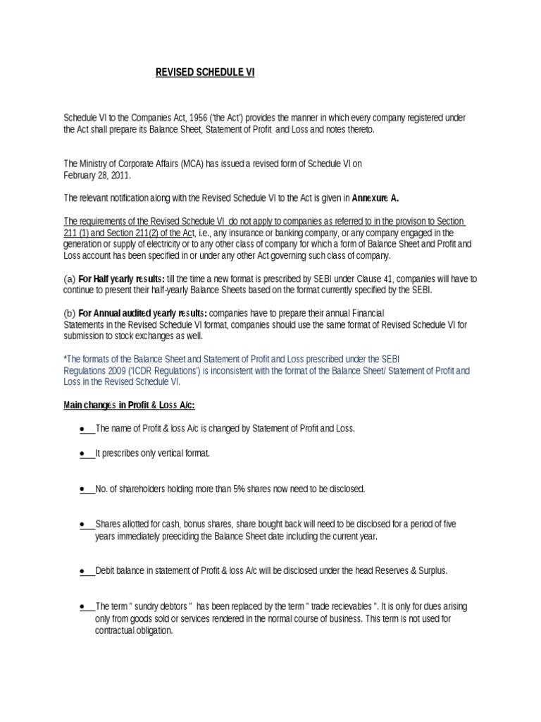 Revised Schedule Vi: Main Changes in Profit & Loss A/c | PDF | Revenue ...