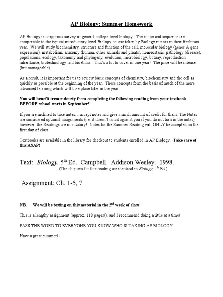 AP Biology Summer Homework Guide | PDF