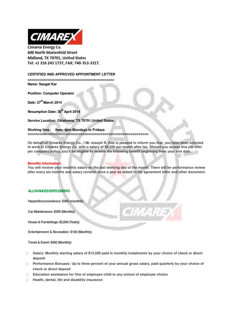 Appointment Letter Cimarex Energy Co | PDF | Employee Benefits | Employment