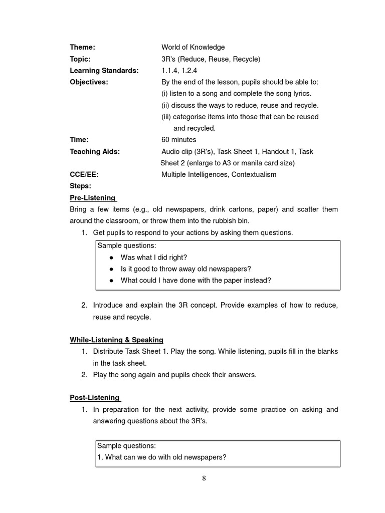 7 Sample Lesson 3r's | PDF | Reuse | Recycling