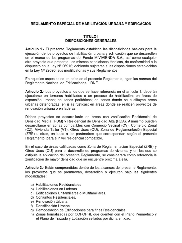Reglamento de Habilitación Urbana y Edificación MIVIVIENDA | PDF | Calle | Regulación