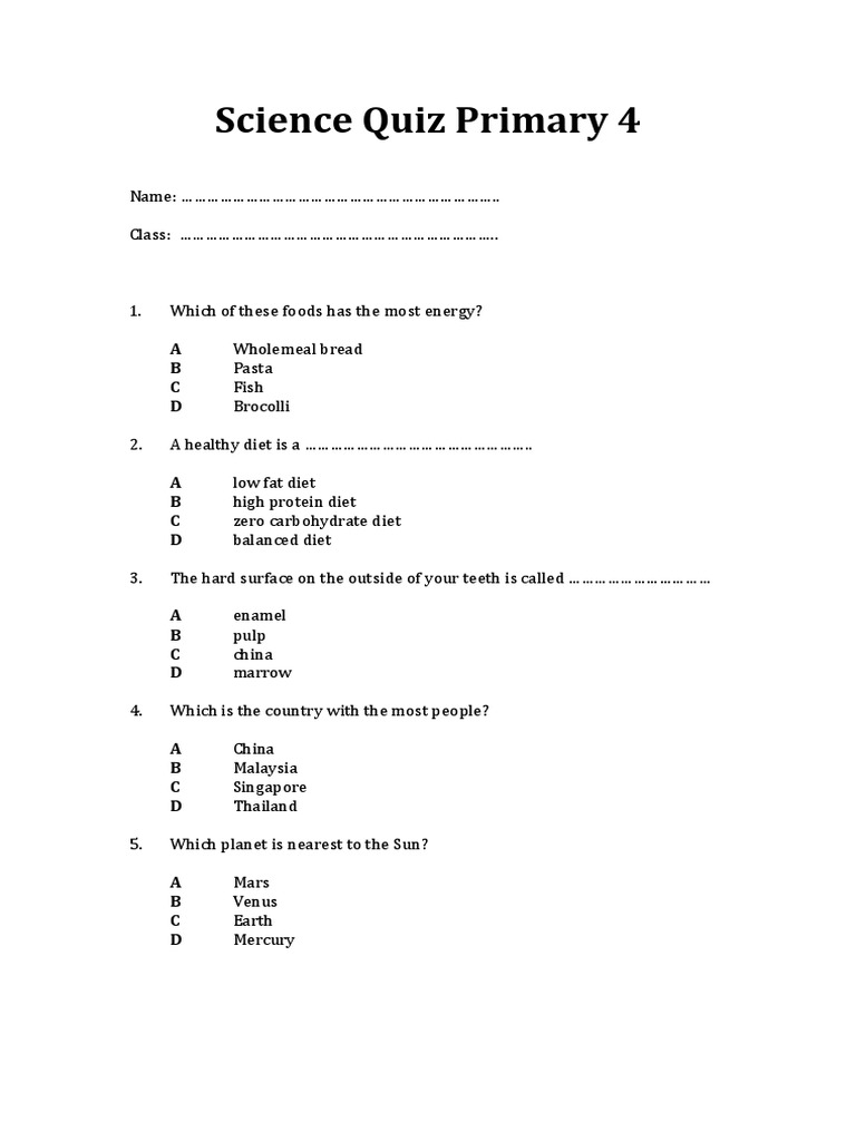 Science Quiz Primary 4 | PDF | Nature | Science