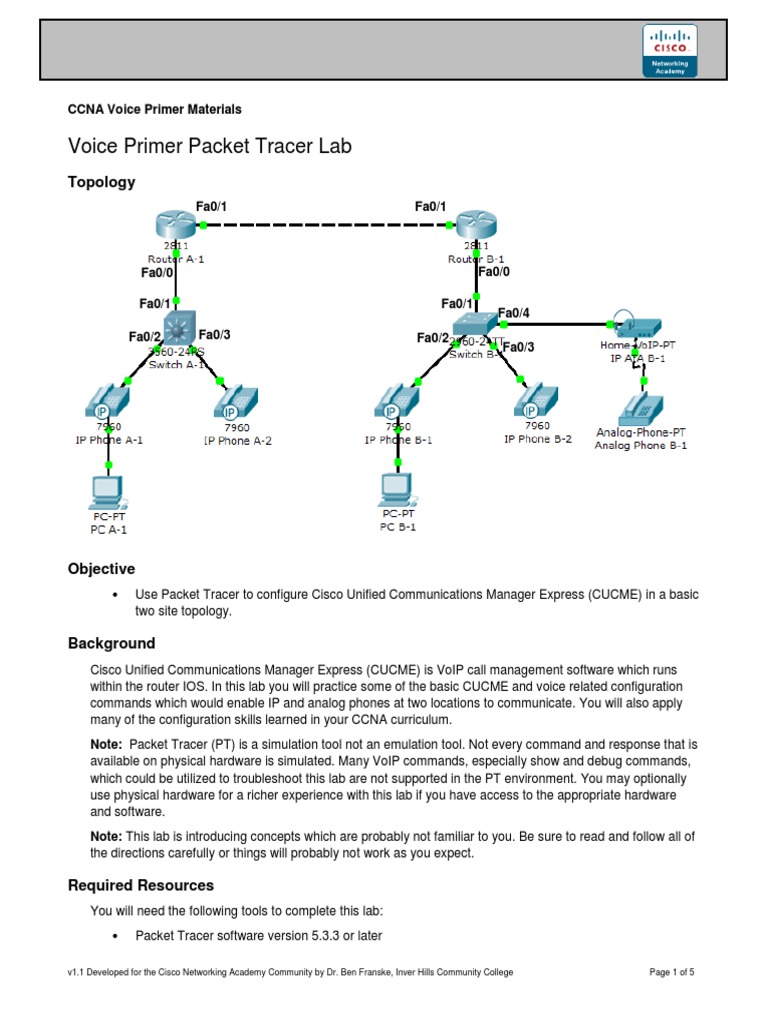 Voice Primer Packet Tracer Lab | PDF | Cisco Certifications | Ip Address