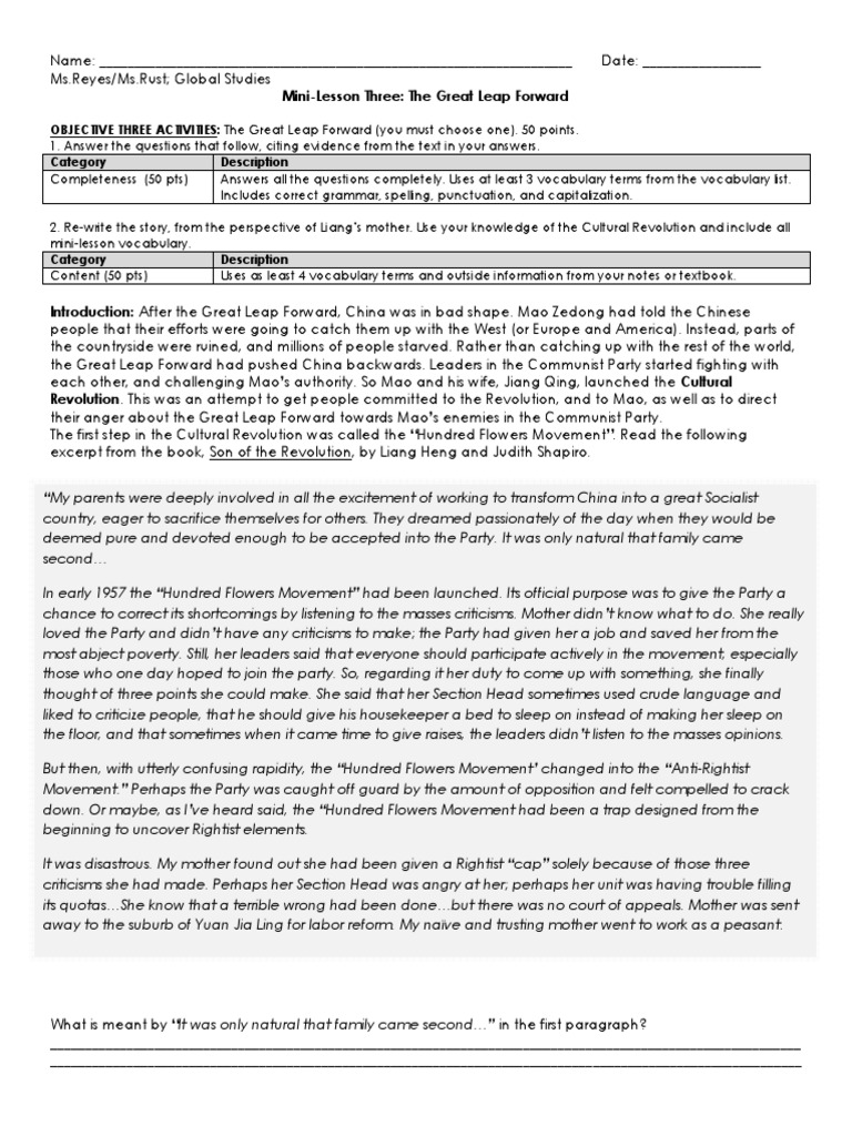Great Leap Forward Mini-Lesson Activities | PDF | Mao Zedong | Cultural ...