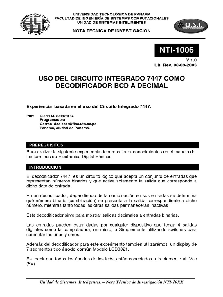 Uso del CI 7447 como Decodificador BCD | PDF | Decimal codificado en ...