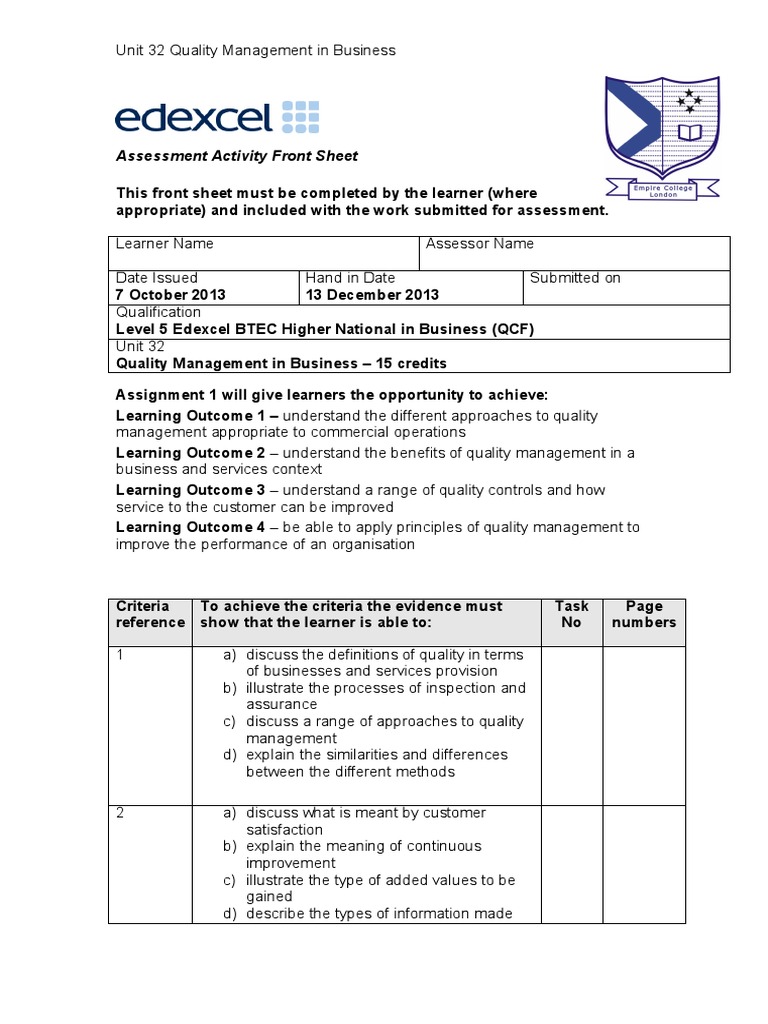 Unit 32 QCF Quality Management in Business | PDF | Quality Management ...