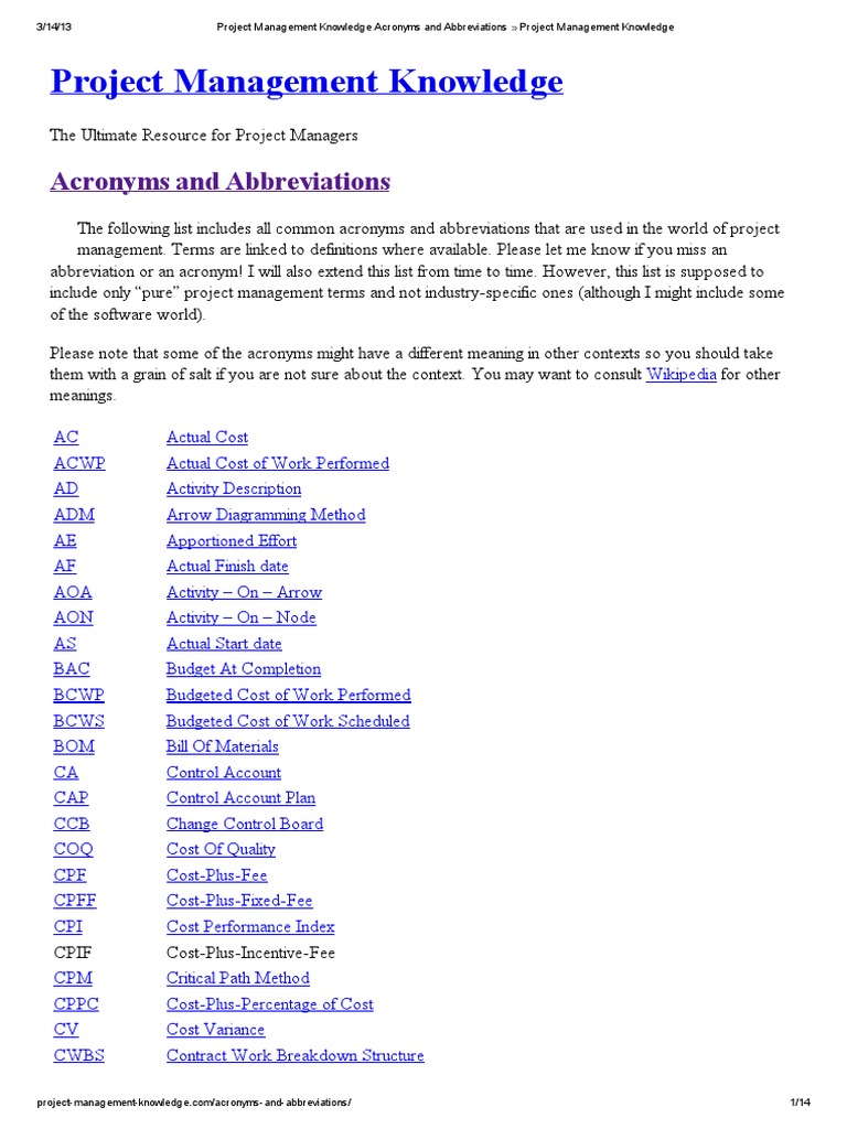 Project Management Knowledge Acronyms and Abbreviations | Project ...