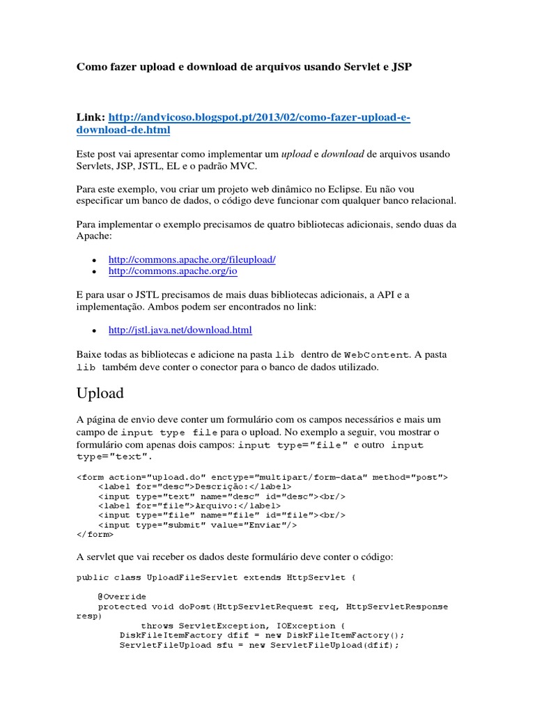 Como Fazer Upload e Download de Arquivos Usando Servlet e JSP | PDF | Páginas do servidor Java ...