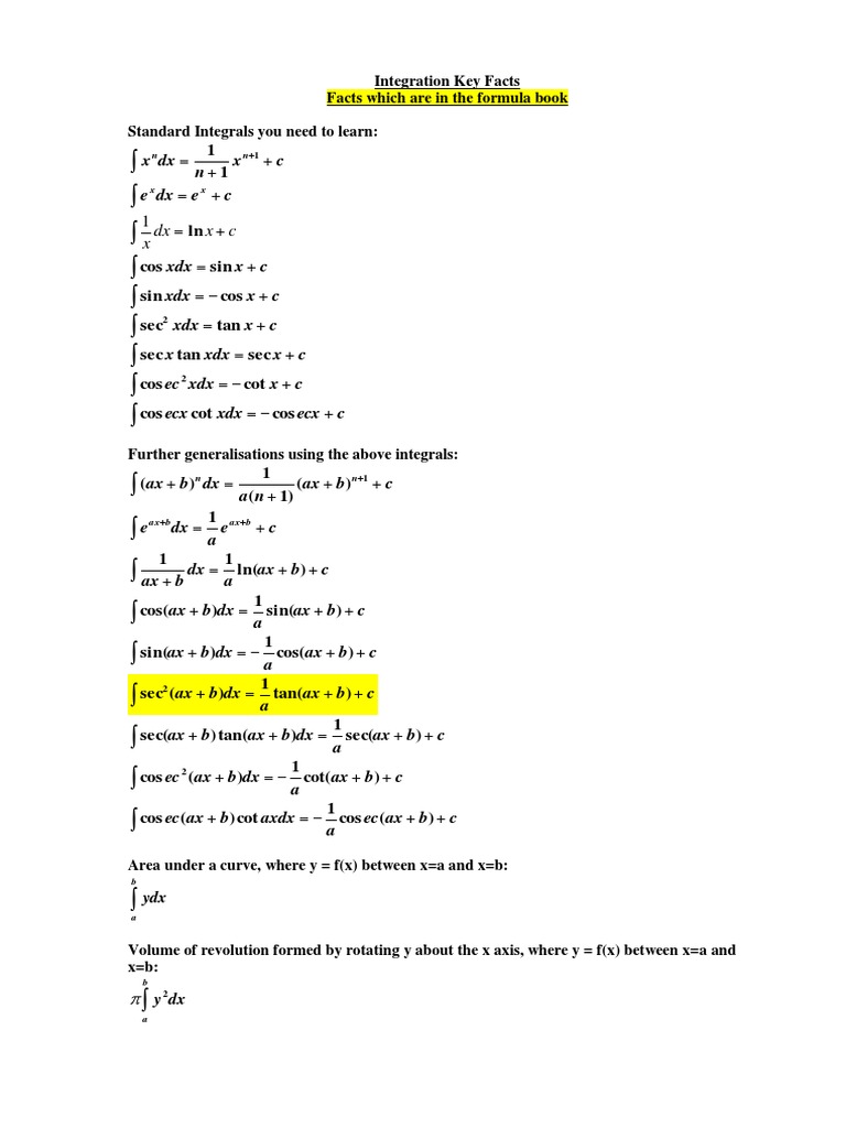 Integration Key Facts | PDF | Trigonometric Functions | Sine