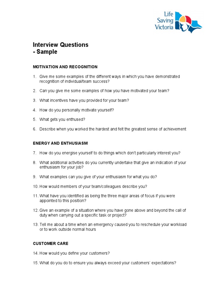 Interview Questions - Sample: Motivation and Recognition | PDF ...