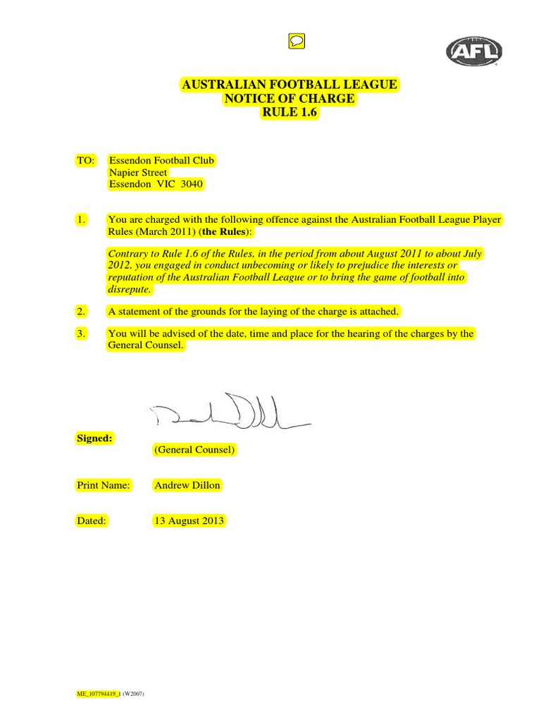 Essendon AFL Conduct Charge Notice | PDF | Sports & Recreation