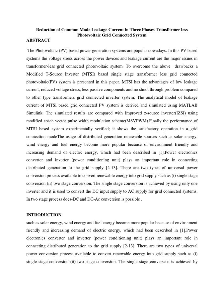 Reduction Of Common Mode Leakage Current In Three Phases Transformer Less Photovoltaic Grid