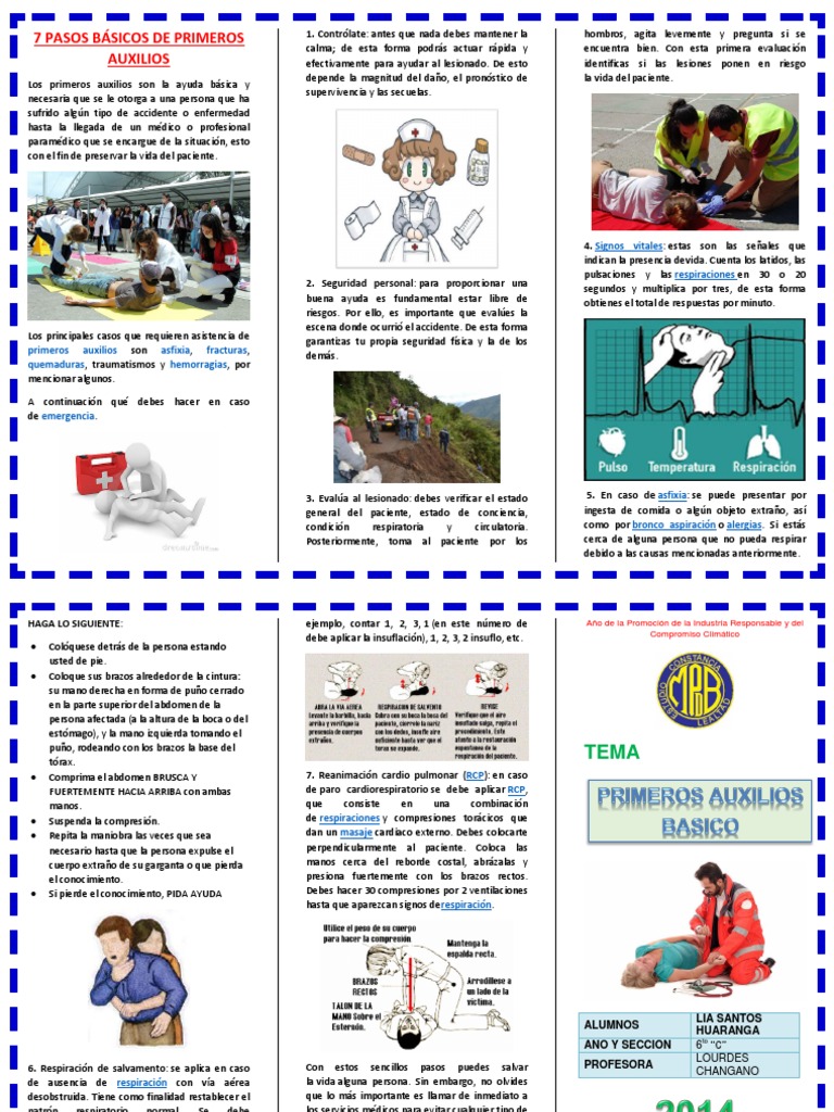 7 Pasos Básicos de Primeros Auxilios Triptico | Resucitación cardiopulmonar | Especialidades médicas