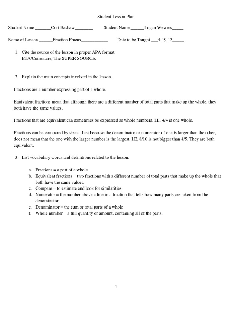 Fraction Fracas Lesson Plan Overview | PDF | Fraction (Mathematics ...