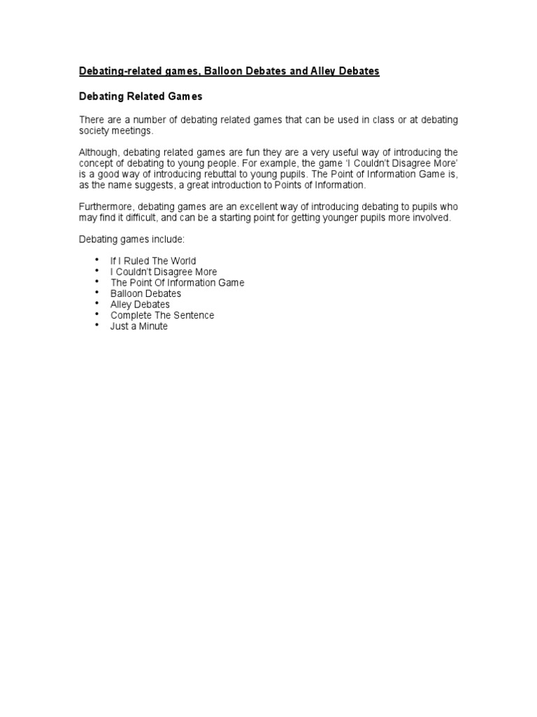Debating-Related Games, Balloon Debates and Alley Debates Debating ...