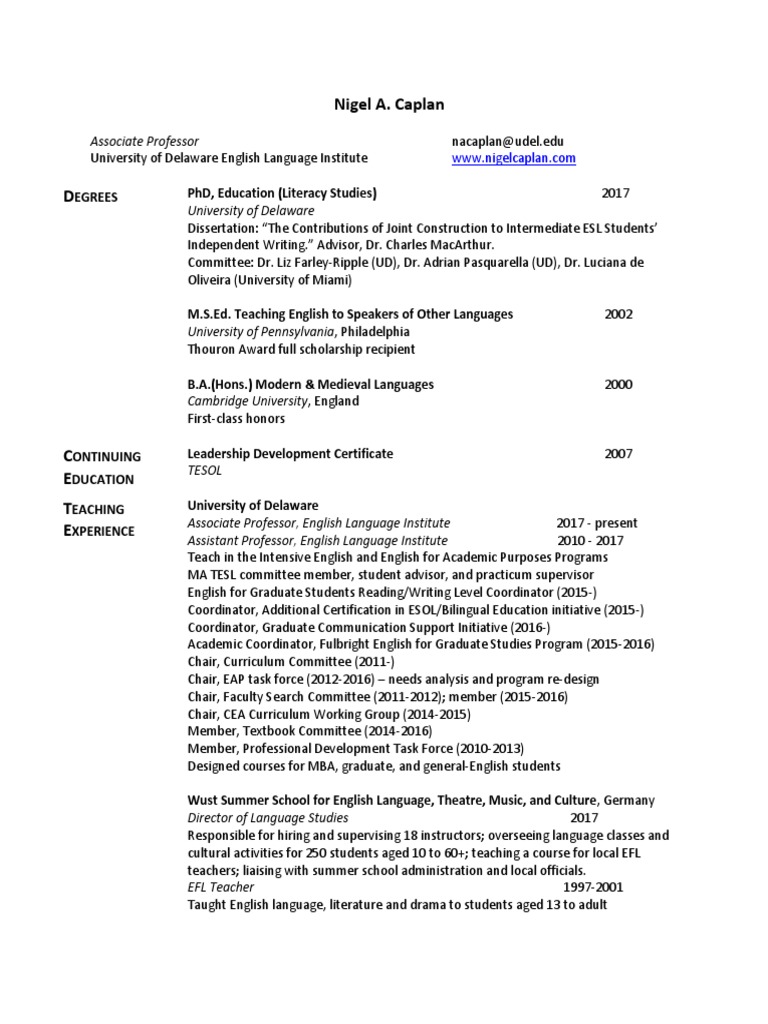 Nigel Caplan CV | PDF | English As A Second Or Foreign Language ...