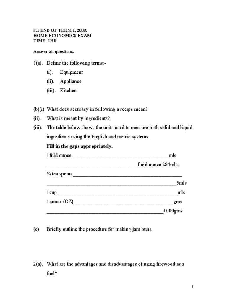 S.1 END OF TERM 1, 2008. Home Economics Exam Time: 1Hr Answer All ...