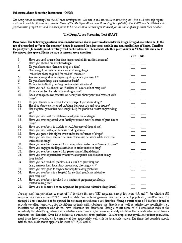 Screening Tool for Drug Abuse (DAST | PDF | Substance Abuse | Medical ...