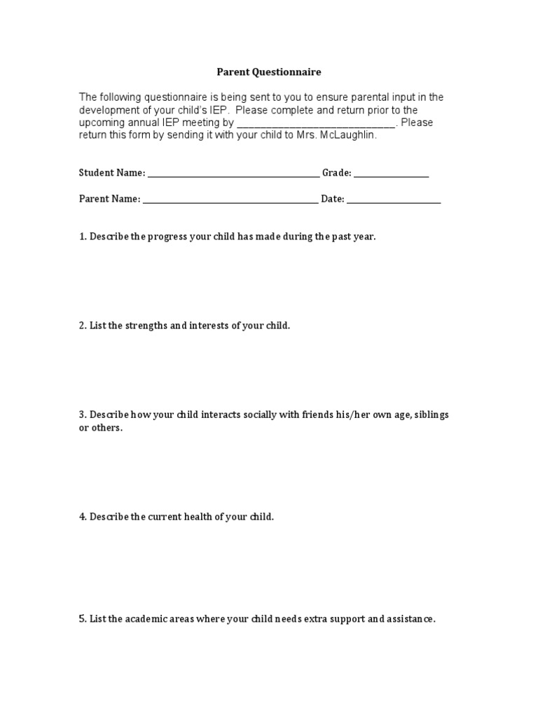 Parent IEP Input Questionnaire | PDF