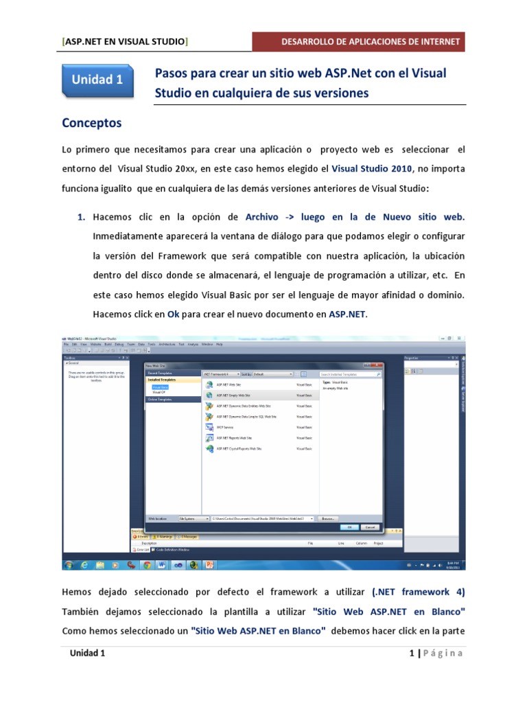 UNIDAD 1 - Pasos para Crear Un Sitio Web ASP - Net Con Visual Studio | PDF | Microsoft Visual ...