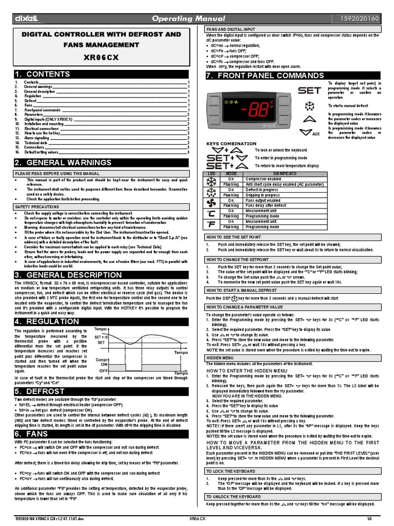 XR06CX: 1. Contents 7. Front Panel Commands | PDF | Thermostat | Relay