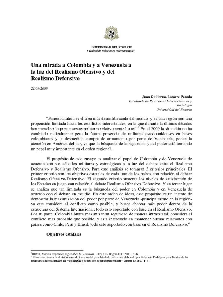 Una Mirada A Colombia y A Venezuela A La Luz Del Realismo Ofensivo y ...