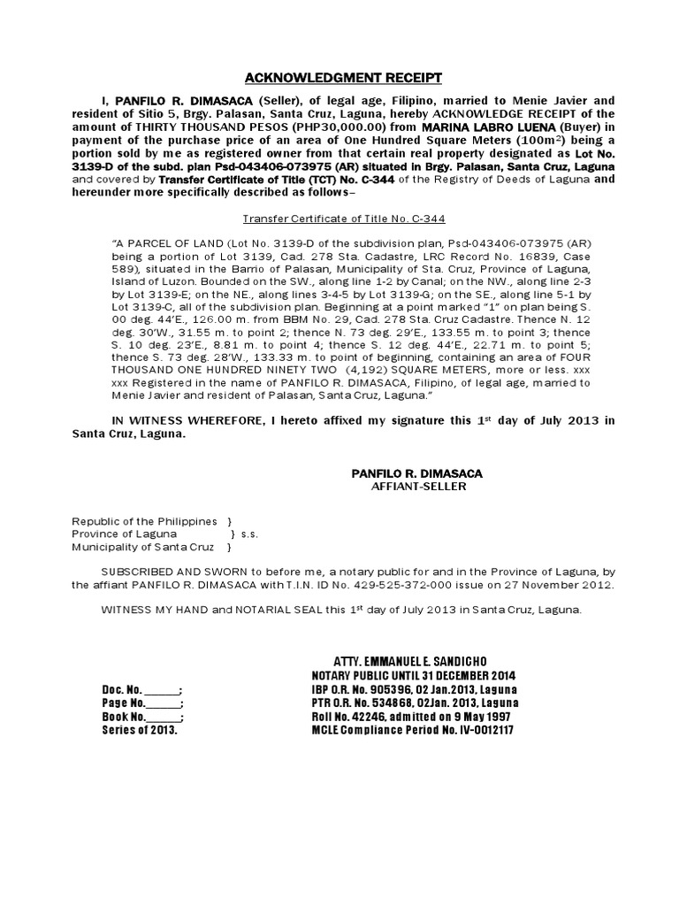 Receipt Acknowledgment for Land Sale Payment | PDF | Urban | Property Law